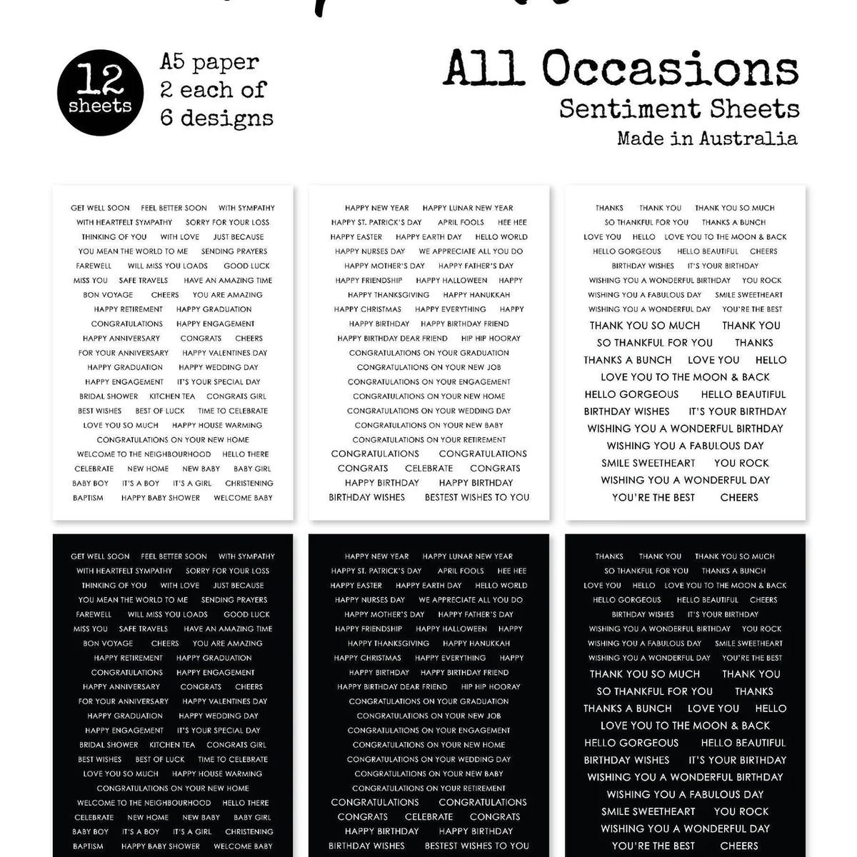 Paper Rose Studio All Occasions Sentiments A5 12pc Sentiment Sheets 22 ...